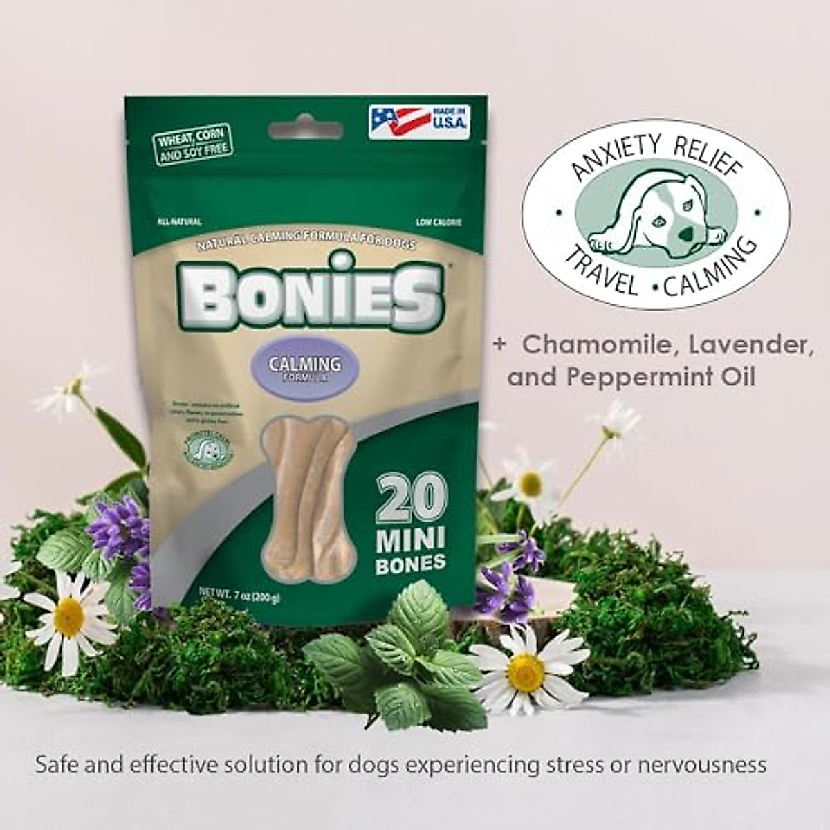 Bonies Natural Calming Formula Dog Treats, Contains Chamomile & Lavender, Help Anxiety, Excessive Barking & Trembling, Chicken Flavor, Medium, 8 Bones