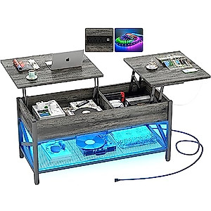 Aheaplus Coffee Table, Lift Top Coffee Table with LED Light and Power Outlet, Modern Lift-Top Table with Storage Shelf, Center Table for Living Room, Lift Tabletop, X Support, Metal Frame, Black Oak