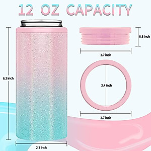 Fanfeigo Slim Can Cooler for Skinny Beer Beverage Stainless Steel Double Wall Vacuum Insulated Drink Holder for 12 oz Regular or Slim Cans & Bottles Cooler (Shiny Pink-Blue)