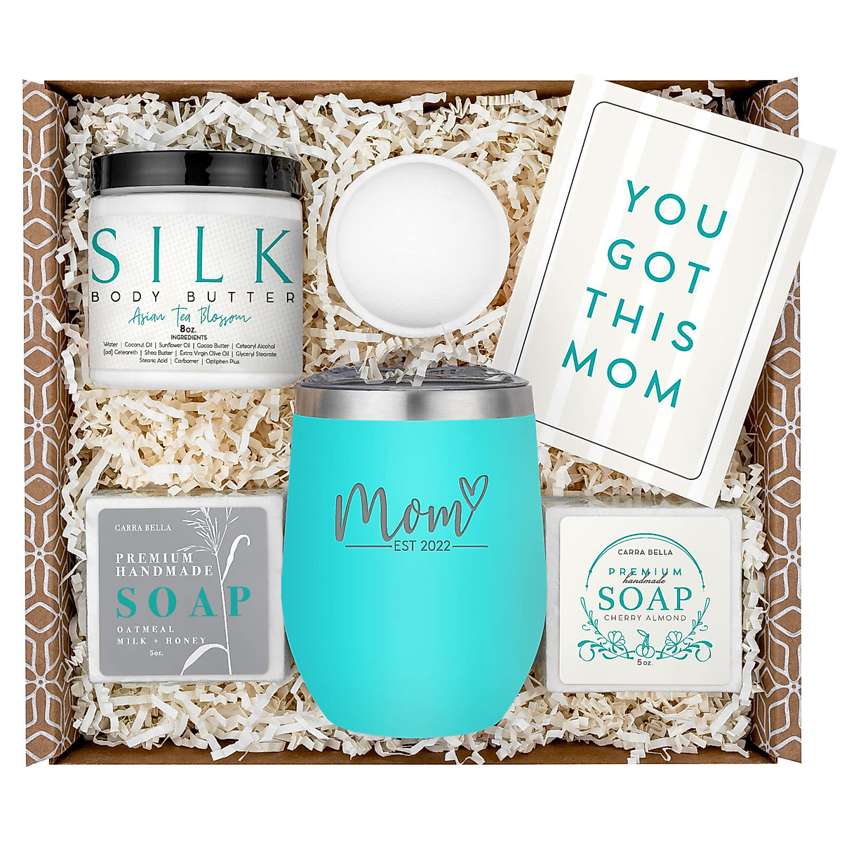 New Mom Gifts for Women - Pregnancy Gifts for First Time Moms to Be Gift - Mom Est. 2022 Spa Bath Box Set w/ Mint Tumbler - First Mothers Day Gifts for New Mom