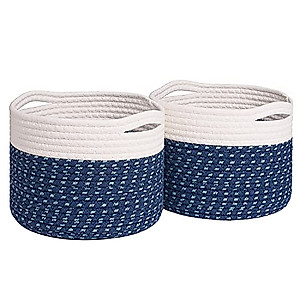LixinJu Small Baskets for Organizing Small Woven Basket Set of 2 Blue Small Rope Basket Set with Handle for Toy Cotton Round Storage Kids Baby Dog Cat Gifts, 9.5"x9.5"x7"