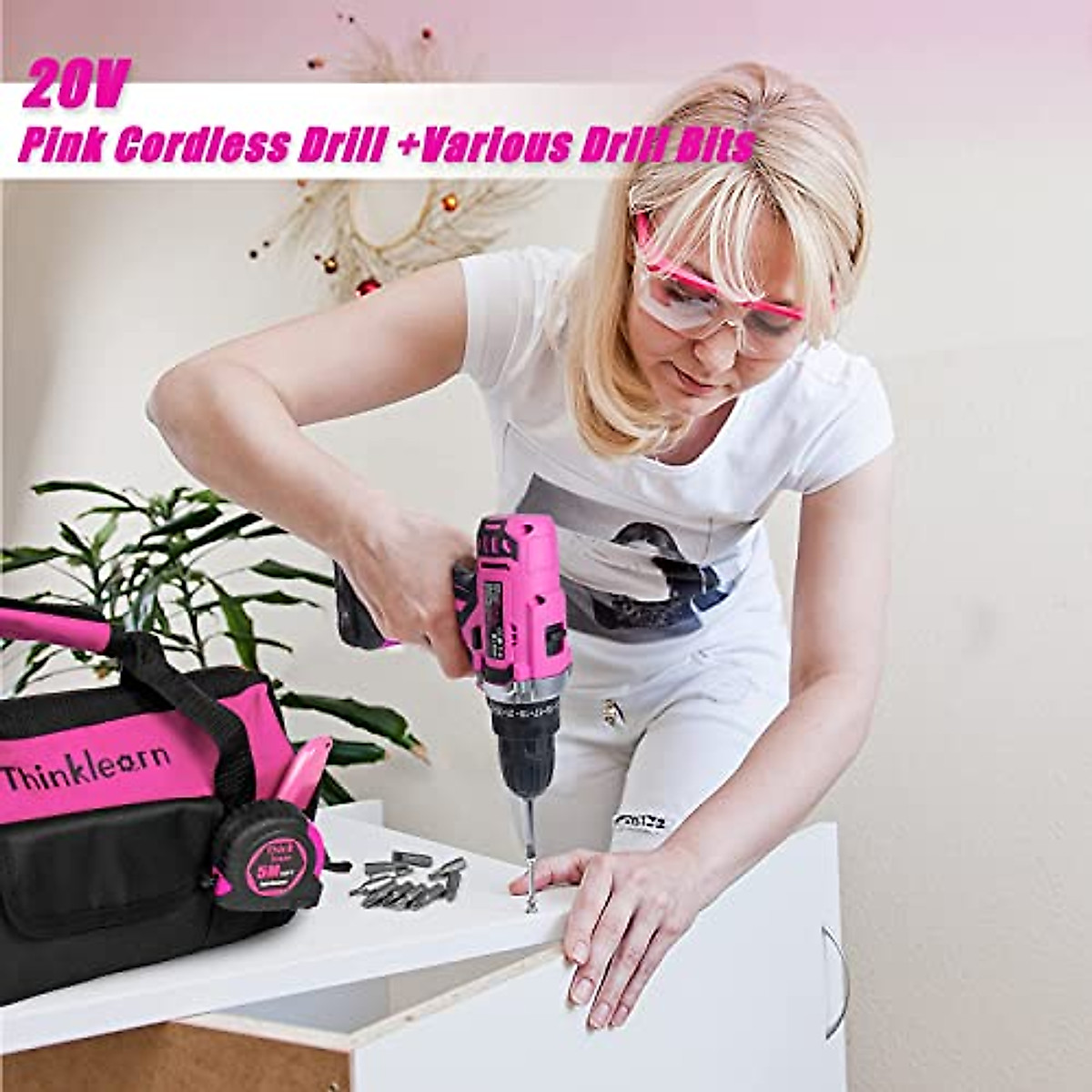 ThinkLearn Tool Kit with 20V Cordless Drill(265in-lbs), Pink Drill Set for Women, Lady's Home Tool Kit for DIY, Daily Repair Tool Set as a Creative Gift with a Large-Capacity Tool Storage Bag