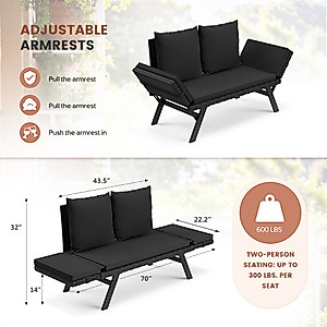 Flamaker Outdoor Convertible Sofa, Woven Rattan Patio Furniture Sunbed with Adjustable Armrests, Removable Cushions and Pillows for Patio, Porch, Pool (Black Lounger & Black Pillowcase)