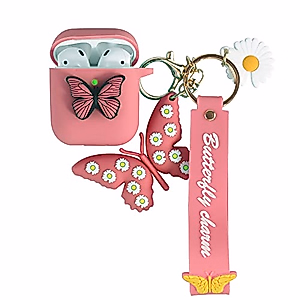 Heniu for Airpod Case, 3D Butterfly Silicone Airpods Case Cute Cover with Keychain Compatible for Apple Airpods 2&1 Charging Case-Pink