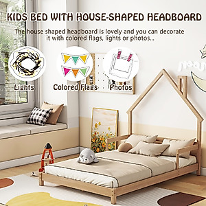 Full Size Bed Frame for Kids,House-Shaped Headboard Kids Bed,Girls Bed with Handrails,Low Platform Bed for Boys Girls,No Box Spring Needed(Natural)