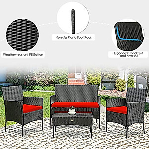 HAPPYGRILL 4pcs Patio Furniture Set Rattan Wicker Conversation Set with Tempered Glass Top Table, Outdoor Wicker Sofa Set with Removable Cushions for Poolside Garden Backyard