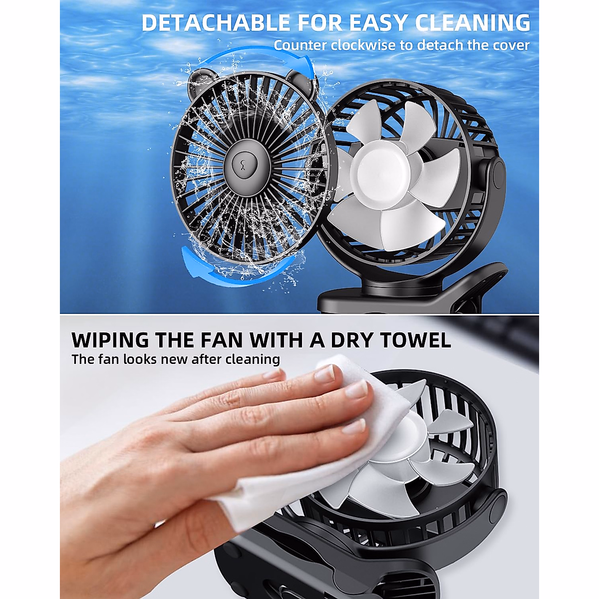 KIDEE Portable Clip on Fan, Small Desk Fan Battery Operated, 360° Rotation, Cute Design, 3 Speed, Mini Table Fan USB Rechargeable, Personal Cooling Baby Stroller Fan for Home Office Outdoor Travel