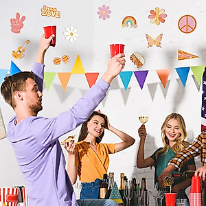 Colarr 60 Pieces Groovy Retro Hippie Boho Party Cutouts Decoration Retro Rainbow Butterfly Daisy Flower Cutouts Retro Bus Cutouts for Groovy Retro Hippie 60s 70s Party Decorations