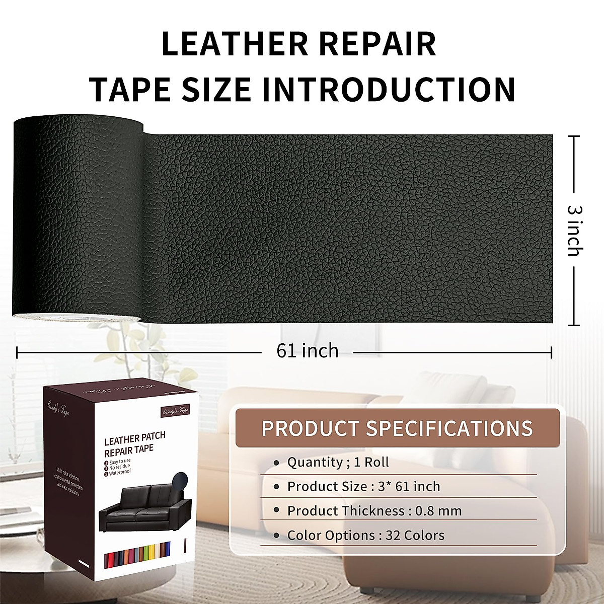 Leather Repair Patch Tape, Black 3 x 61 Inches Self Adhesive Leather Repair Kit for Furniture, Car Seat,Vinyl Leather Repair Kit for Office Chairs, Couch, Sofa, Luggage