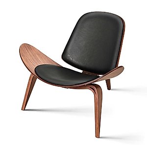 VOMXUF Mid Century Modern Shell Lounge Chair, Faux Leather, Scandinavian Furniture Tripod Plywood Classic Design Solid Wood Accent Chairs for Living Room, Reading, Lounge, Office, Salon