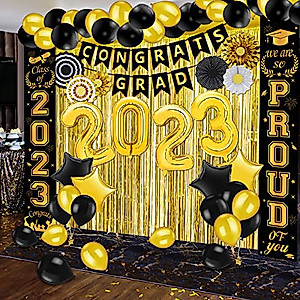 2023 Graduation Party Decorations, Black & Gold Graduation Decor Kits Include Banners and Balloons, Ideal Congrats Grad Decorations For High School, College