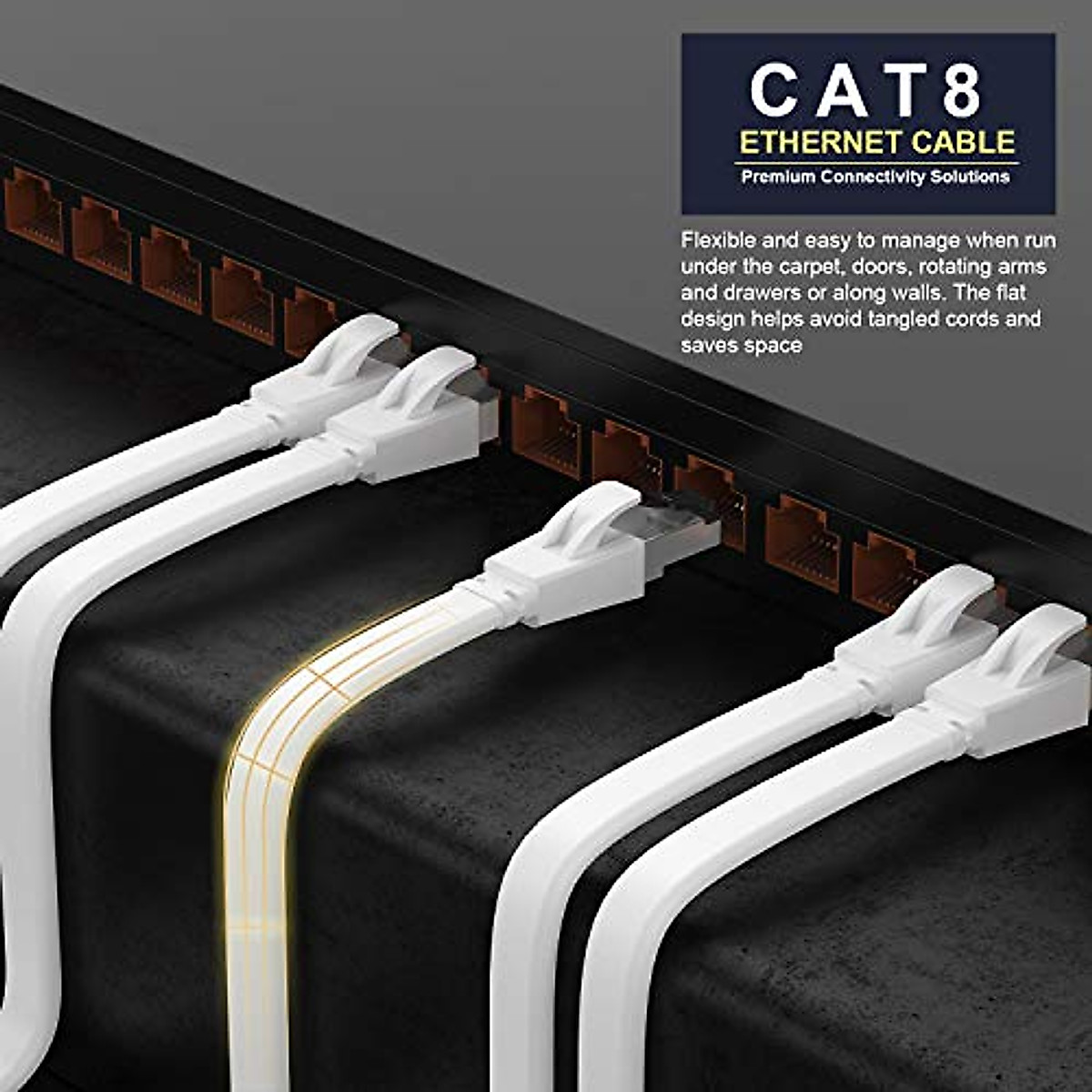 CAT8 Ethernet Cable, 10ft, Cat 8 Flat Patch Cable with RJ45 Connector,25/40Gbps 2000MHz Gigabit Ethernet LAN Cable, U/FTP, Indoor& Outdoor, Compatible with Laptop, Switch, Router, PS5, PS4