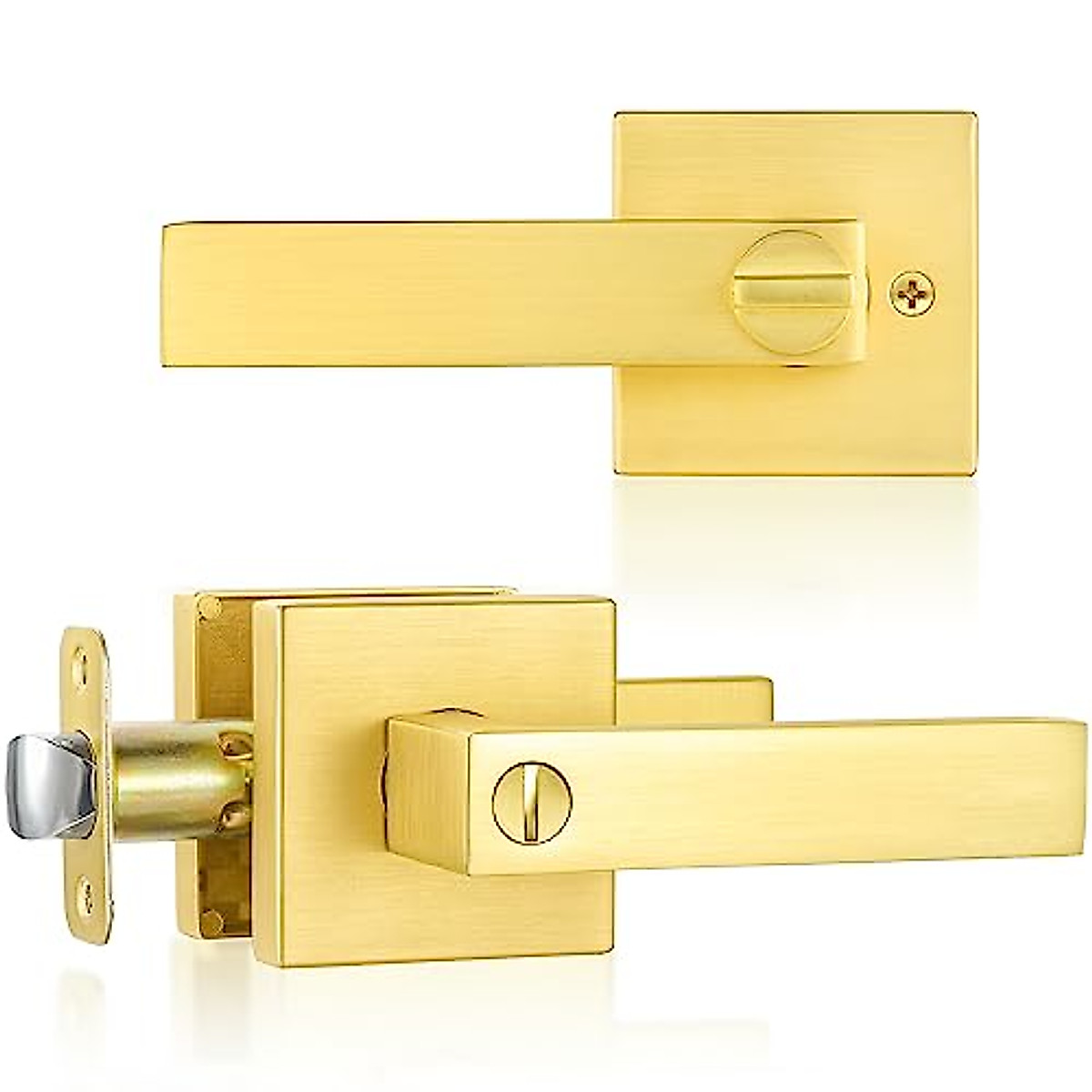 SHINY HANDLES Satin Brass Door Knobs Door Handles Interior with Lock, Privacy Gold Door Knob Door Levers for Bed/Bath (Keyless,1Pack)
