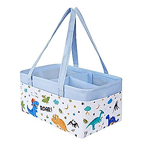WERNNSAI Dinosaur Diaper Caddy - Collapsible Nursery Organizer for Boy Infant Baby Shower Gifts Large Blue Storage Basket for Changing Table Car Travel Living Room Newborn Essentials Must Have Dots