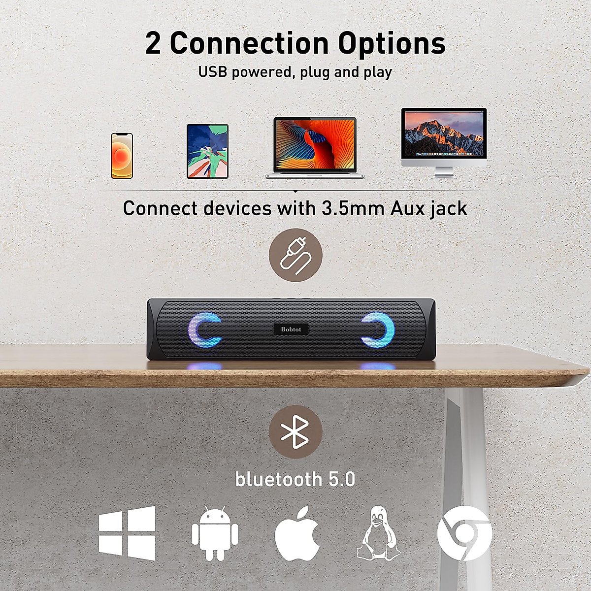 Bobtot Computer Speakers Desktop Soundbar - HiFi Stereo Audio RGB Mini Sound Bar External Speaker with Bluetooth AUX-in Wired USB Powered Volume Control for PC Laptop Tablets Monitor