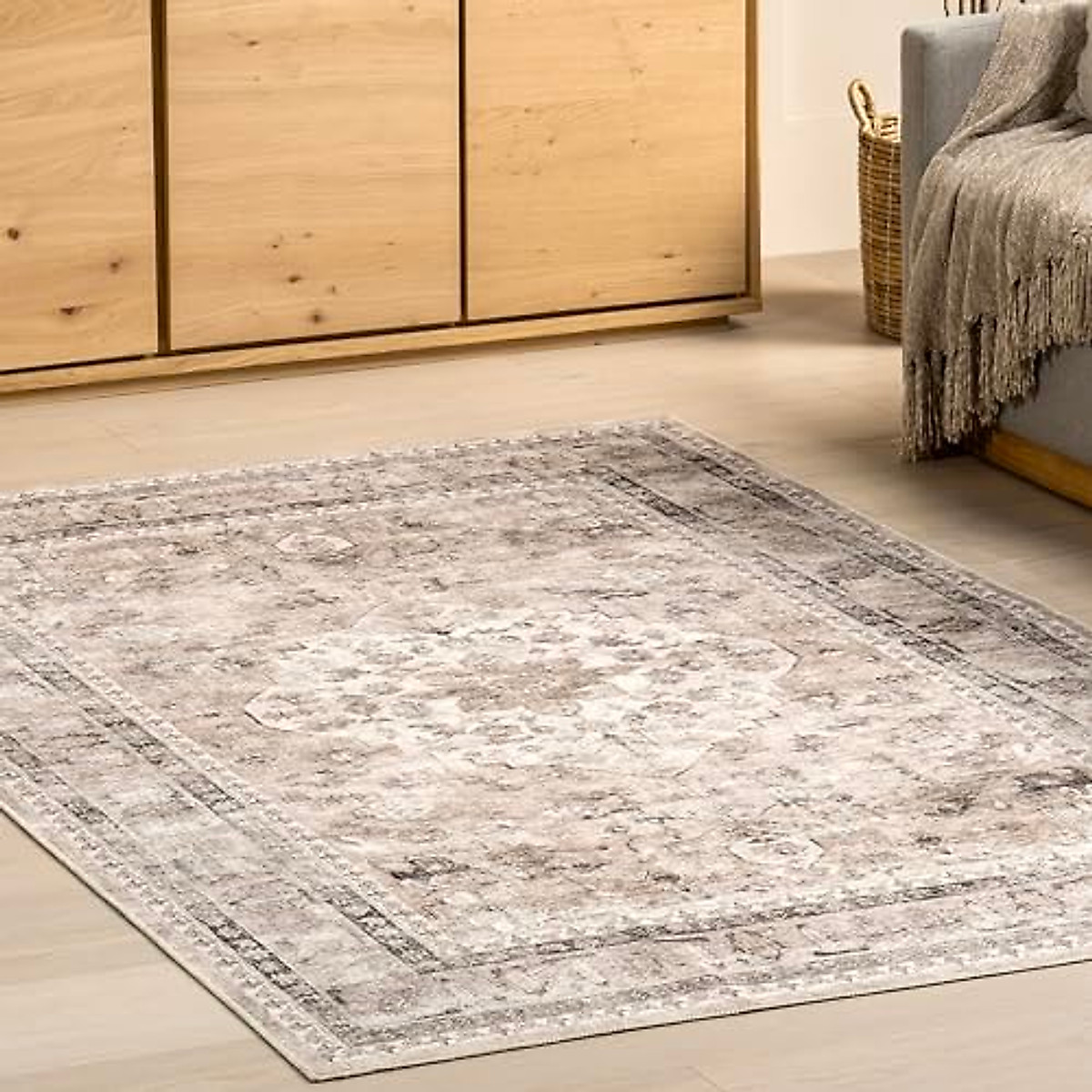 nuLOOM 6' Round Splashguard Machine Washable Area Rug with Waterproof Spill Proof Surface, Non Slip Backing and Stain Resistant for Living Room, Bedroom, Kitchen, Dining Room, Davi Taupe