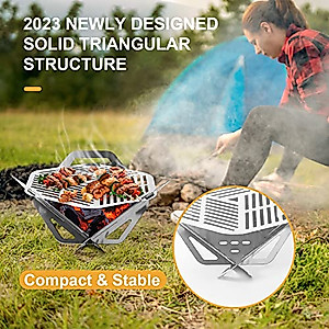 Small BBQ Grill, Portable Instant Foldable Camping Charcoal Grill, 4 Pieces Stainless Steel Camping Fire Kit, with Frying Plate & Carrying Bag, for Cooking Hiking Picnic Patio Garden Beach Outdoor