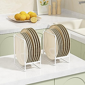 LINFIDITE Plate Holder Organizer 2 Pack Dish Storage Rack Upright Cabinet Dish Drying Rack White Metal Dish Holder Stand for Kitchen Counter Cupboard and 7.87in. x 6.29in. x 4.52in.White