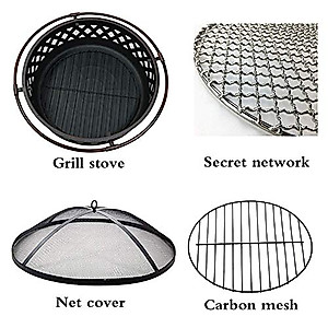 LEAYAN Garden Fire Pit Grill Bowl Grill Barbecue Rack Fire Pit with Grill Shelf, Outdoor Metal Brazier Star Moon Shape Garden Patio Heater Camping Bowl with Grill, Mesh Lid, Grate, Grid