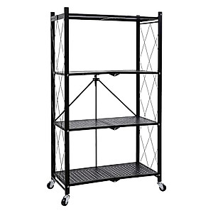 Foldable Storage Shelves on Wheels, 4 Tier Shelves for Storage, Heavy Duty Metal Shelving Units, No Assembly Storage Rack for Garage, Kitchen, Basement, Pantry, Black