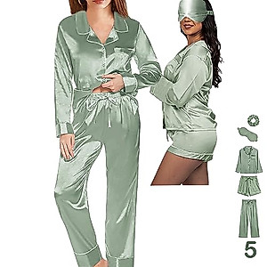 WJing Yi Jia 5Pcs Womens Silk Satin Pajamas Sets Long Pj Sets Button Down Pjs Set Sleepwear