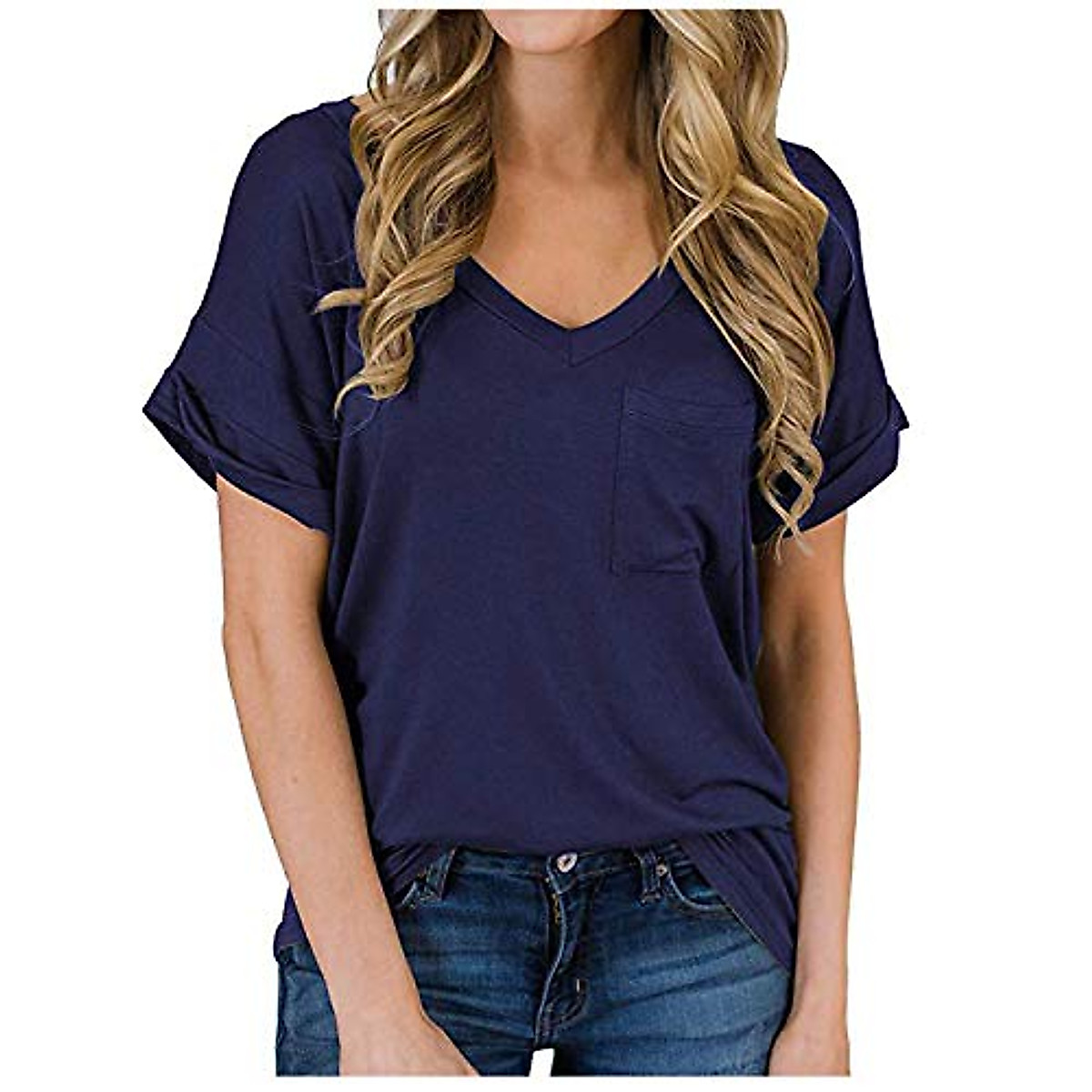 Iusun Women Short Sleeve T-Shirts Casual V-Neck Pocket Ruffled Loose Solid Color Tee Tops Tunic Tank Vest Blouse
