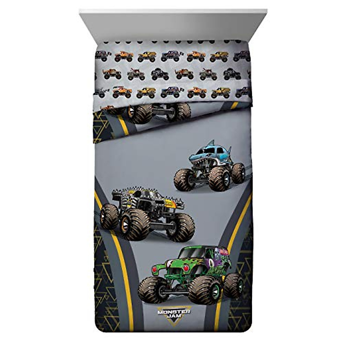 Jay franco Monster Jam MJ Life 4 Piece Twin Bed Set-Includes Reversible Comforter&Sheet Set-Bedding Features Grave Digger, Max-D, Megalodon-Super Soft Microfiber-(Official Monster Jam Product)