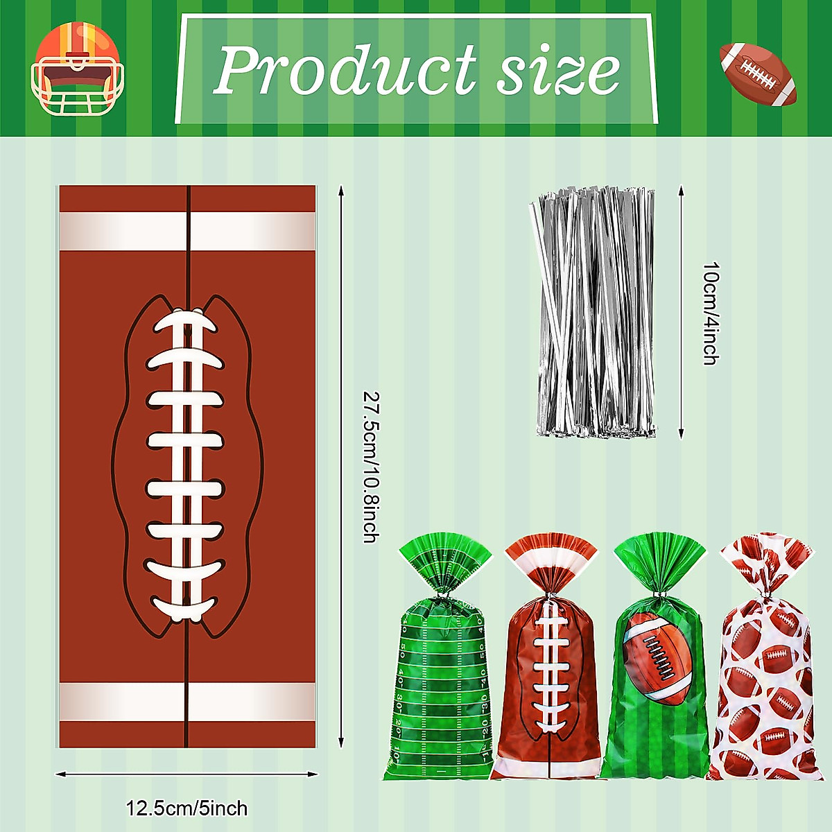 Jetec 100 Pcs Football Cellophane Bags Football Gift Treat Bag Goodie Candy Bags with Ties Football Birthday Party Decorations Supplies for Football Theme Baby Shower Party Serves (Stylish Style)