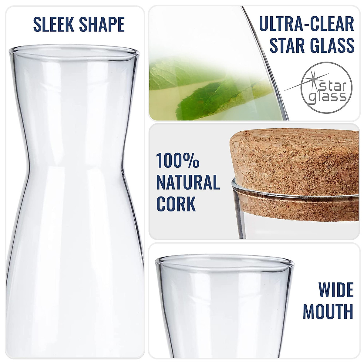 Bormioli Rocco Set Of 2 Ypsilon Carafe, With Natural Cork Top Lid, 18.5 Oz. Star Glass Pitcher For Water, Juice, Ice Tea Or Wine.