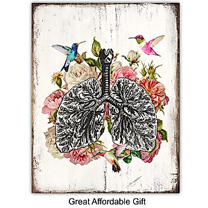 Human Anatomy Floral Hummingbird Wall Art Poster Set - 8x10 Rustic Heart, Brain, Lungs for Doctor, Medical Office, Living Room, Bedroom - Shabby Chic Goth Gift for ER Nurse Practitioner, RN, CNA