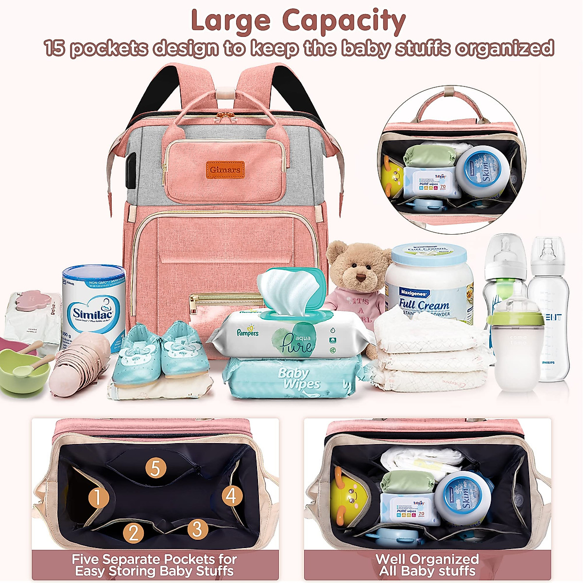 Gimars Diaper Bag Backpack with Changing Station, Multifunctional 900D Waterproof Travel Baby Bag, Large Capacity Baby Bag with USB Charging Port, Baby Registry Search Shower Gifts for Boy Girl