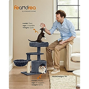 Feandrea Cat Tree, Small Cat Tower, Cat Condo, Kitten Activity Center with Scratching Post, Basket, Cave, Smoky Gray UPCT59G