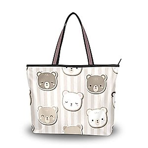 Cute Bear Heads Tote Bag Aesthetic, Large Capacity Zipper Women Grocery Bags Purse for Daily Life 2 Sizes