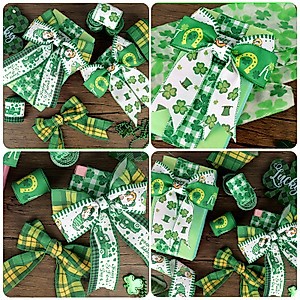 6 Rolls 30 Yards St. Patrick's Day Wired Edge Ribbon Green Buffalo Plaid Ribbon Shamrock Burlap Ribbon Green Hat Wrapping Ribbon for Wrapping Wreath Party Decoration DIY Craft Supplies (White/Green)