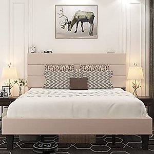 Benevika Full Size Upholstered Platform Bed Frame with Linen Fabric Simple Style Headboard and Wooden Slats Support, Upholstered Mattress Foundation, No Box Spring Needed, Easy Assembly, Beige