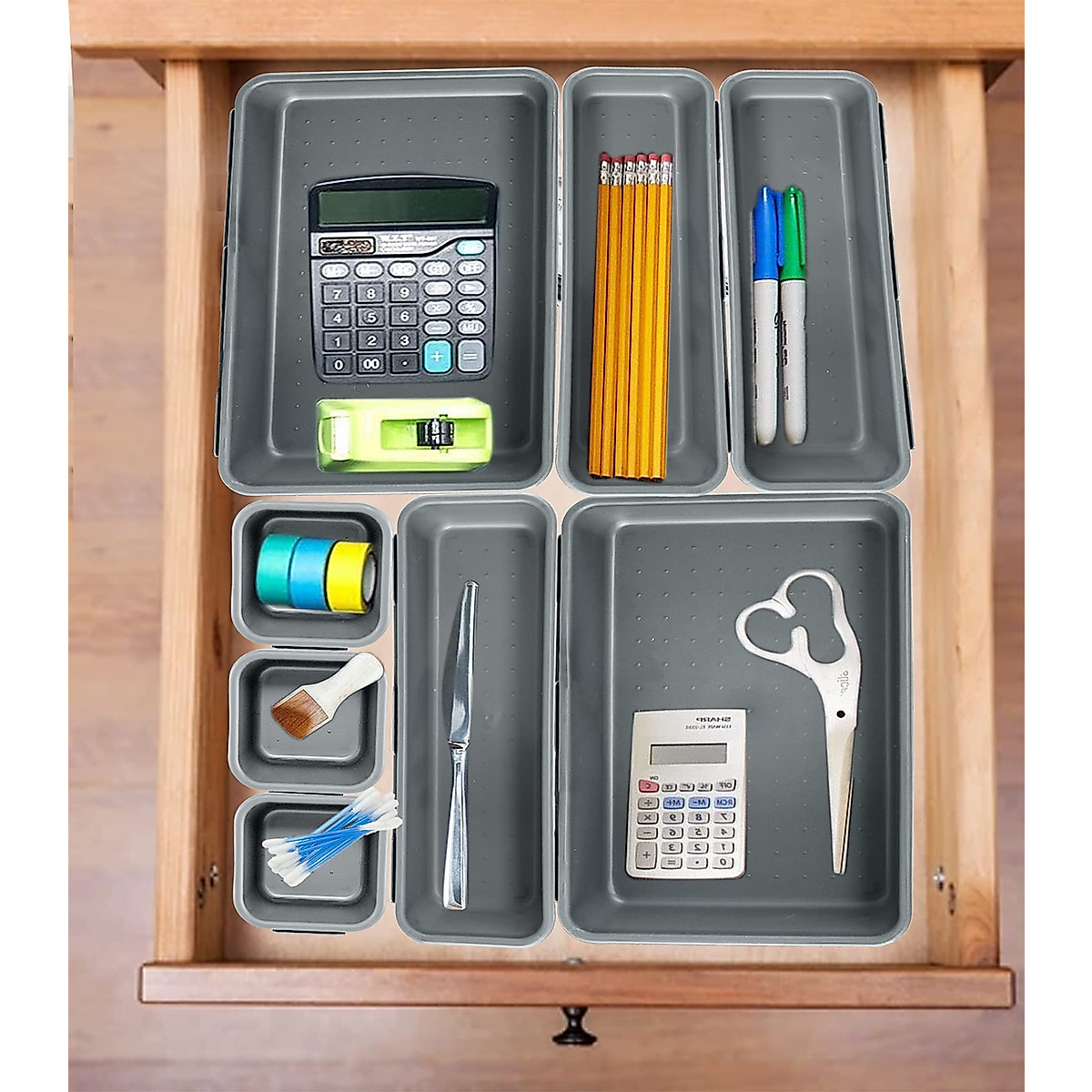 HOME-X Connecting Organizer Trays, Set of Interlocking Adjustable Trays for Organizing Office Supplies and Kitchen Utensil Drawers, Set of 8, 3 Sizes, Gray