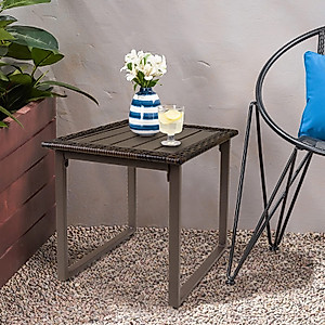 PHIKOOVA Wicker Outdoor Side Table Metal Patio Coffee Table, Metal Square Side Table with Wicker Edge & Slatted Metal Top, for Lawn Garden Backyard, Brown