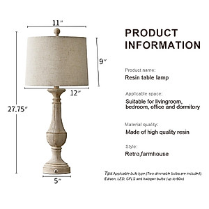 PoKat 27.75" Farmhouse 3 Way Dimmable Touch Table Lamp Sets of 2 Rustic Classic Bedside Nightstand Wood Lamps for Living Room Bedroom with 2 USB Ports Washed White (2 Bulbs Included)