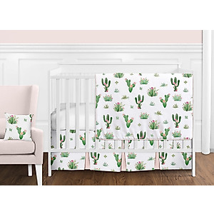 Sweet Jojo Designs Pink and Green Boho Watercolor Cactus Floral Baby Girl Crib Bedding Set 11 Pieces