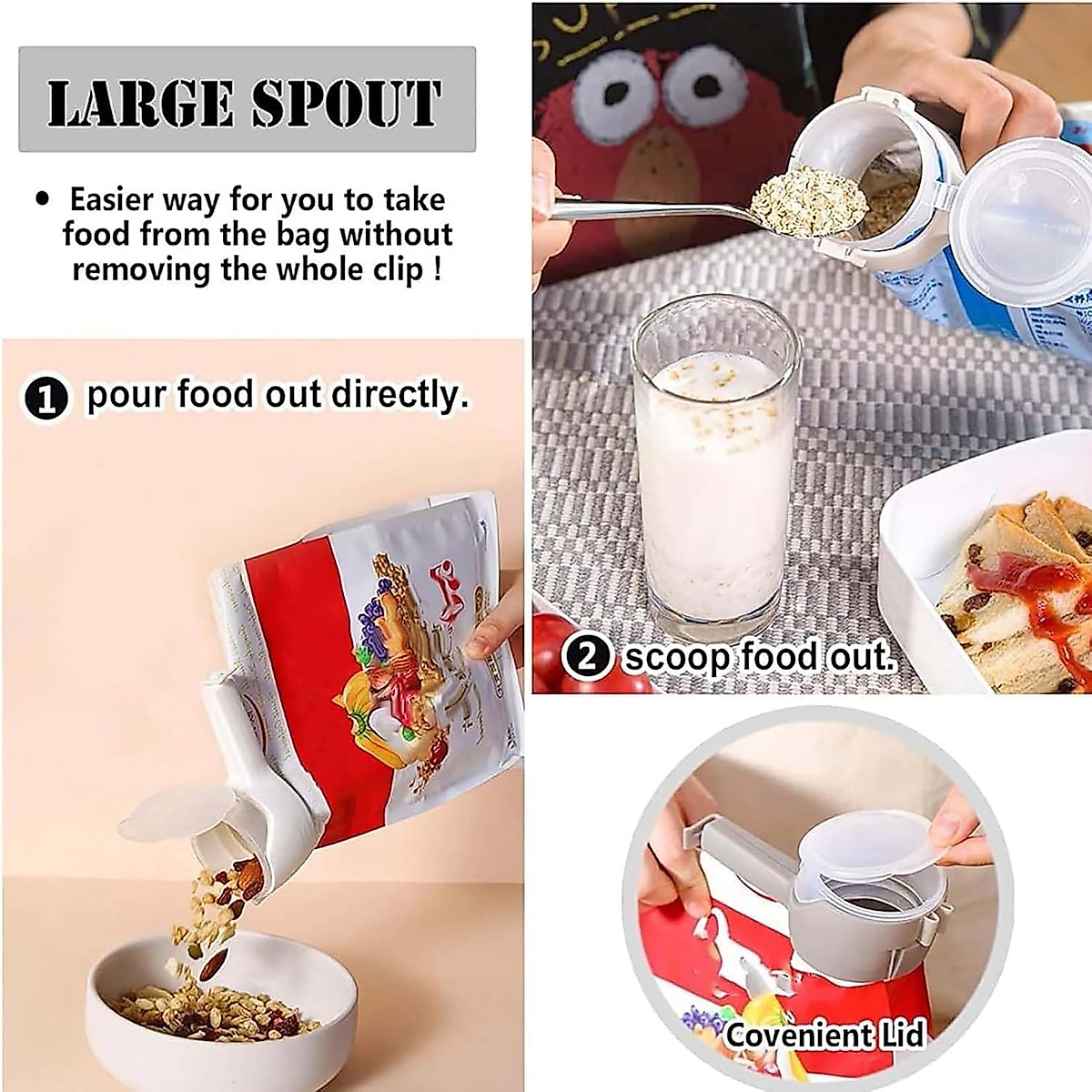 Bag Clips with Pour Spout, Bag Spout Clip, Seal and Pour Bag Clip, Food Bag Clips with Pour Spouts, Snack Clips That Pour, Food Storage Sealing Clips with Pour Spouts (4Pcs)