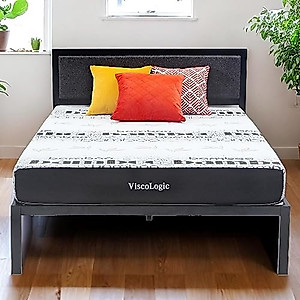 Viscologic Bed Frame, Modern Design with Upholstered Headboard, Metal Frame and Wooden Slat Support, Full