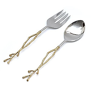 Twig Salad Servers Brass & Stainless Steel, Fork & Spoon Set Leaf Design, Two Tone Ideal for Weddings, Dinner Parties, Elegant Flatware, Housewarming Gifts, Stainless Steel Mirror Polished (Gold Twig)