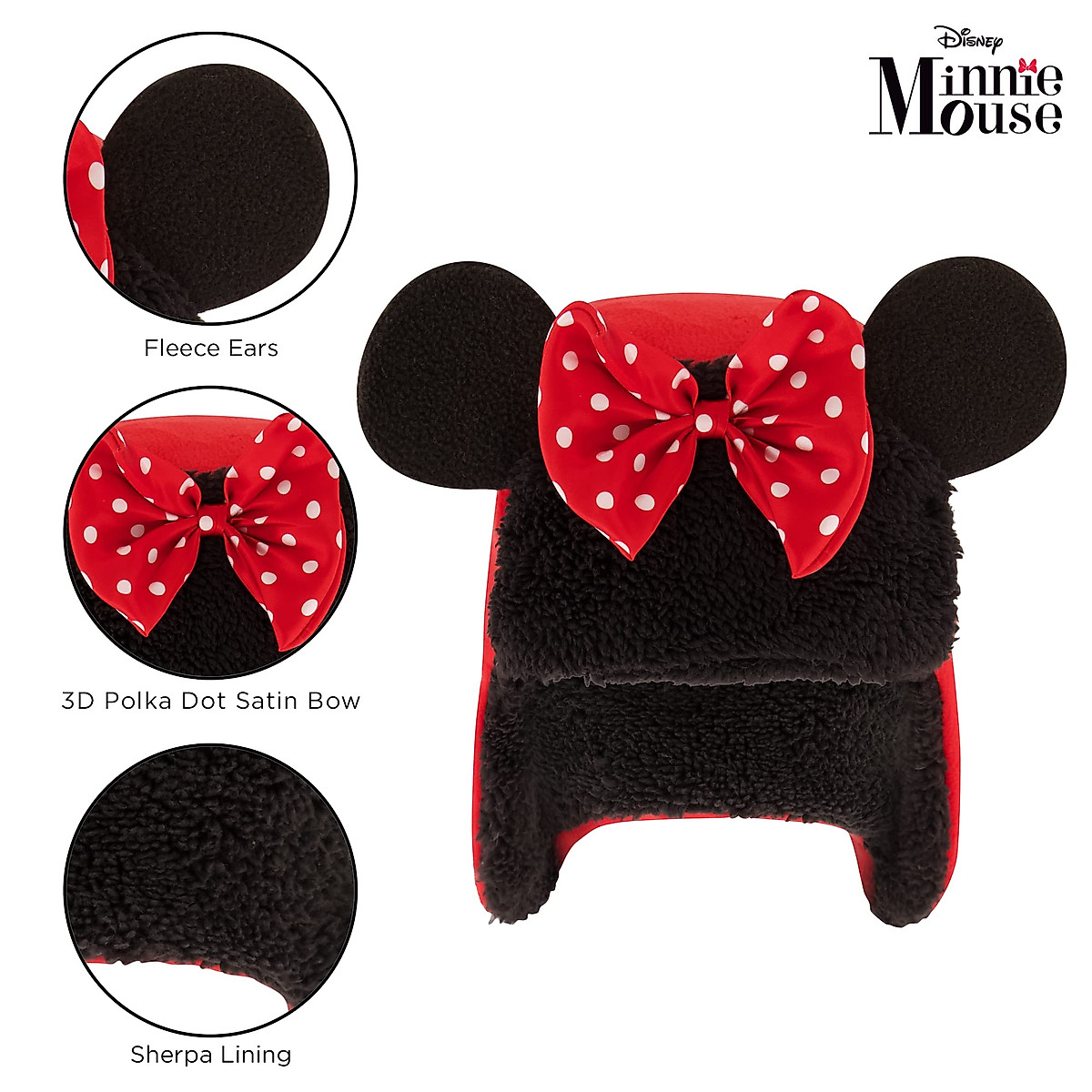 Disney baby girls Minnie Mouse Toddler Fleece Trapper Winter With Sherpa Lining and Mitten Set Beanie Hat, Minnie Mouse, 2-4T US