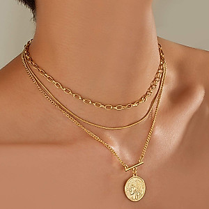 LANE WOODS 18k Gold Plated Necklaces for Women - Multilayer Coin Medallion Pendant Necklace Adjustable Layering Choker Necklaces Chain Set Jewelry