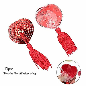 Sexy Breast Pasties Self Adhesive Silicone Nipple Cover Stickers Reusable Bra Sequins Heart with Tassel for Couple Game Party (Red)