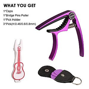 Guitar Capo, Meeland Purple Aluminium Guitar Capo Key Clamp for Acoustic Guitar/electric guitar/Ukulele/Bass With Guitar Picks and Leather Picks Holder and Bridge Pins Puller Included