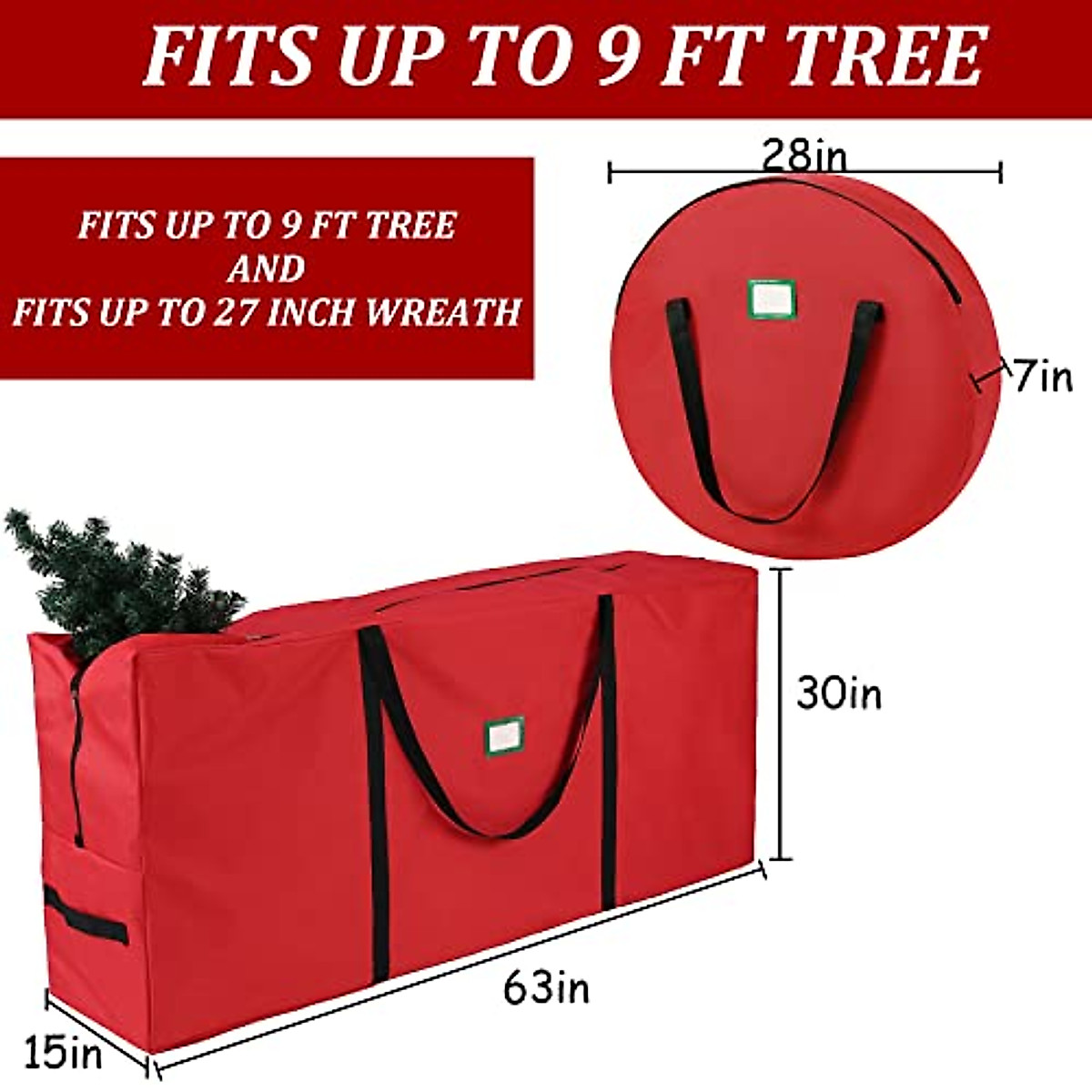Christmas Tree Wreath Storage Bag, 2 Pack Container Bags Fits Up to 9 Foot Large Artificial Xmas Tree & 30" Holiday Garland Wreaths, 600D Waterproof Oxford Durable Handles & Sleek Zipper & Card Slot
