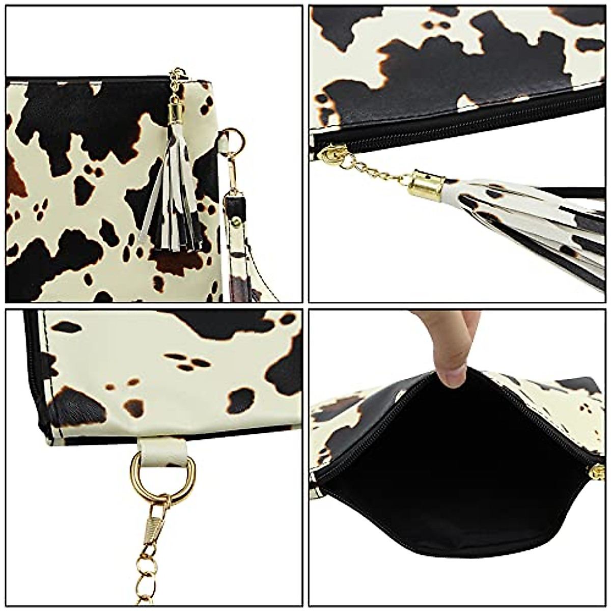 JUMISEE Women Cow Print Wristlet Clutch Purse Fashion Tassel Crossbody Bag with Chain Strap