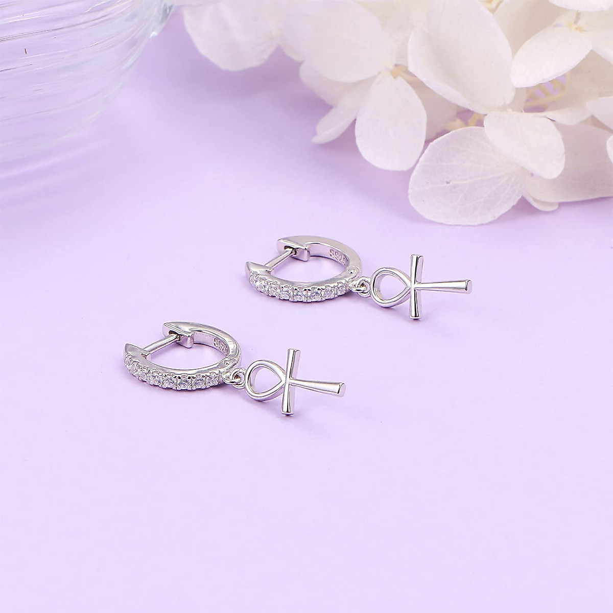 S925 Sterling Silver Ankh Cross Huggie Hoop Dangle Drop Earrings for Women Men Jewelry