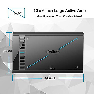 UGEE M708 10 x 6 inch Large Drawing Tablet with 8 Hot Keys, Passive Stylus of 8192 Levels Pressure, Graphics Tablet for Paint, Design, Art Creation Sketch